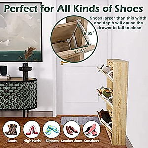 HOPUBUY Shoe Cabinet for Entryway, Narrow Shoe Storage Cabinet, Hidden Rattan Shoe Cabinet Wood 3 Tier Slim Shoe Rack for Home and Apartment, Nature