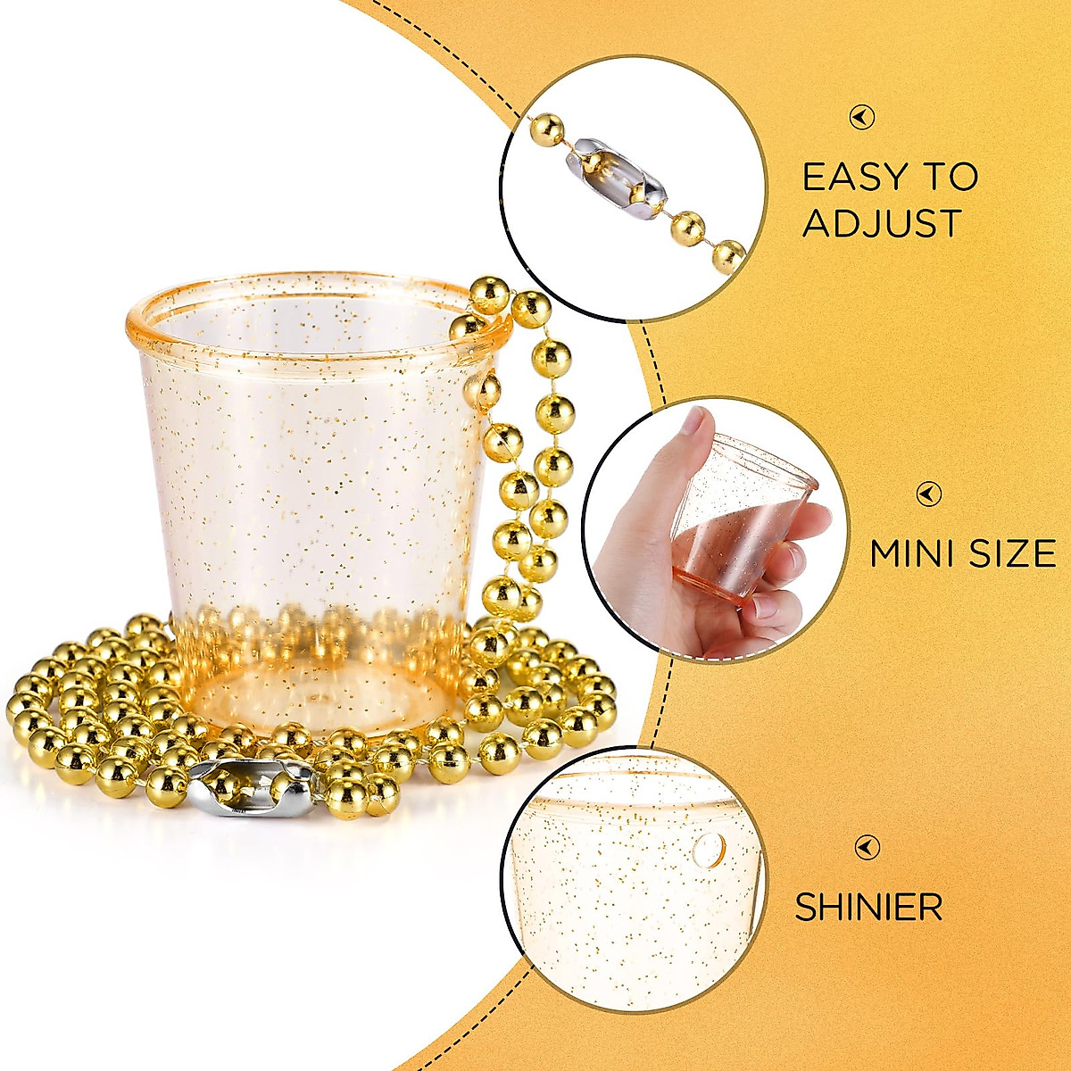 Misdary 12 Pcs Shot Glass on Beaded Necklace Gold Clear Shot Cups Disposable Plastic Shot Cups for Birthday Wedding Festival Parade Party Favor Groom Bride Supplies
