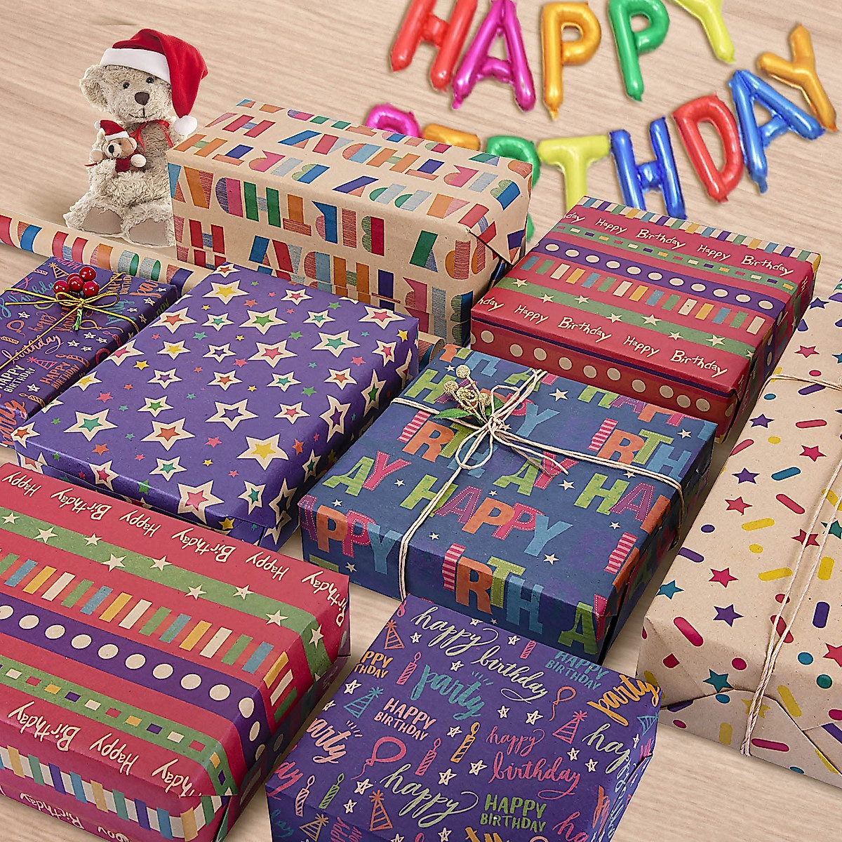 Larcenciel Birthday Wrapping Paper, 6 Sheets Kraft Gift Wrapping Paper with Cut Lines on Reverse, Happy Birthday Wrapping Paper for Boys Girls, Stars Gift Wrap for All Birthday,Baby Shower,27.5x19.6in