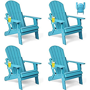Folding Adirondack Chairs Set of 4, All Weather Resistant Plastic Chair with Cup Holder, Fold or Unfold Easily in 1 Second, Outdoor Chairs for Patio, Garden, Backyard Deck, Lawn, Fire Pit - Lake Blue