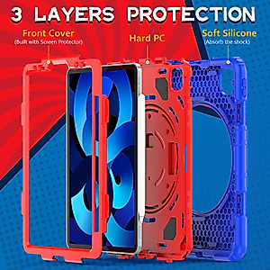 SEYMAC Case for iPad Air 5th/ 4th Generation, Shockproof Case with Screen Protector, 360 Rotating Stand/Hand Strap, Shoulder Strap for iPad Air 4/5 (iPad Air 10.9), Red+Blue