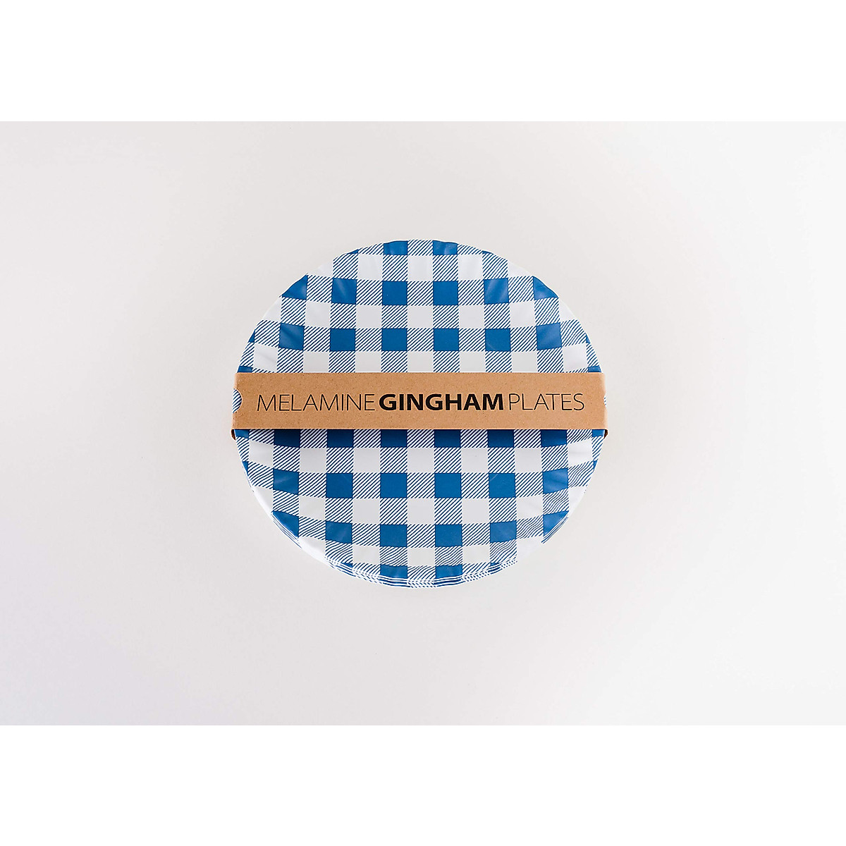 180D Reusable Blue & White Gingham Checkered Picnic/Dinner Plate, 9 Inch Melamine, Set of 5