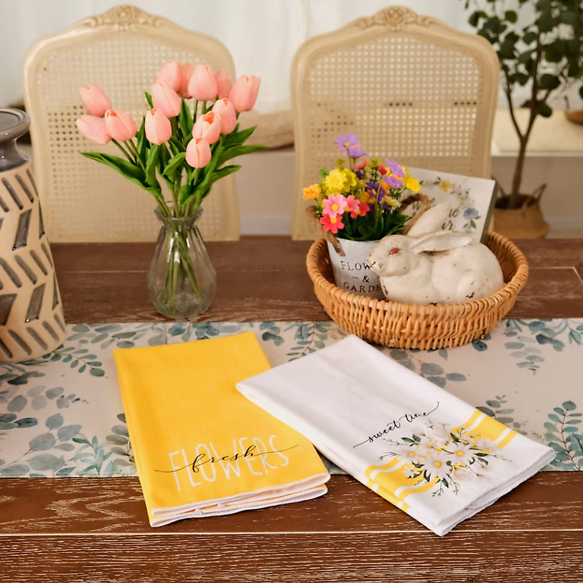 GEEORY Spring Kitchen Towels for Spring Decor White Flower Dish Towels 18x26 Inch Ultra Absorbent Bar Drying Cloth Sweet Time Sign Hand Towel for Kitchen Bathroom Party Home Decorations Set of 2