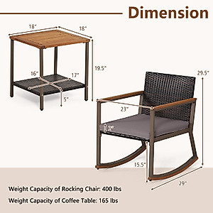 Tangkula 3 Pieces Rocking Bistro Set, Outdoor Rocker Chair with Coffee Table & Cushions, Patio Rattan Furniture Conversation Set for Balcony Porch Poolside (Gray)
