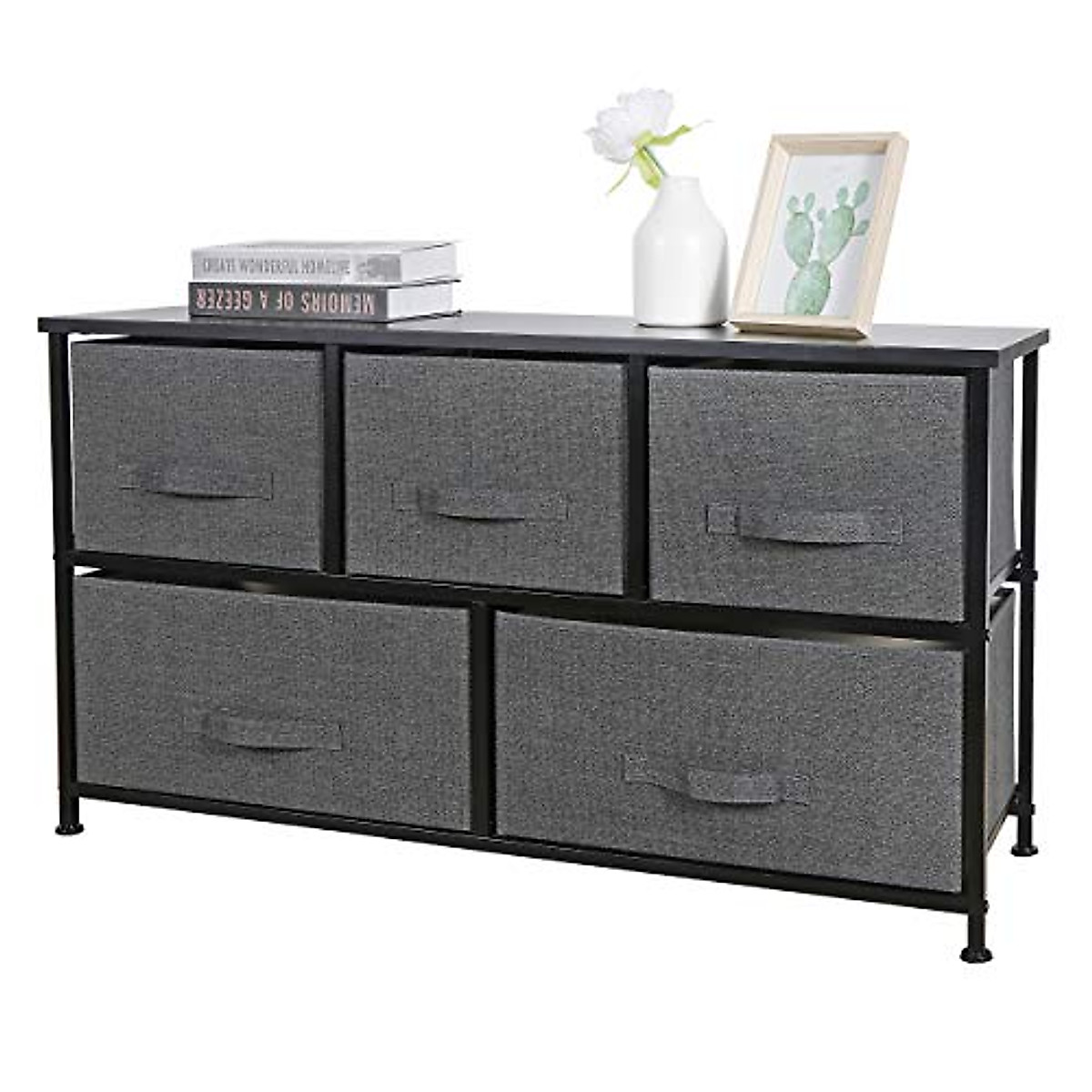 Epetlover Fabric Dresser 5-Drawer Storage Organizer Unit, Apartment Cloth Dresser with Deep Basket Sturdy Steel Frame & Wooden Top, Room Organization (Grey)