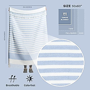 Striped Throw Blanket - Farmhouse Style Throws with Cabana Stripe Coastal Beach Pattern - Soft Light Woven Blankets with Stripes for Sofa, Bed, Outdoor, Patio - 50 x 60 in. (Light Blue)
