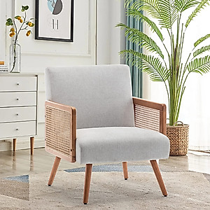 SHINEBOOM Accent Chair with Rattan Arms, Upholstered Mid Century Modern Chair for Bedroom Living Room Reading Chairs Rattan Armchair, Linen Comfy Lounge Chairs Side Chair, Beige