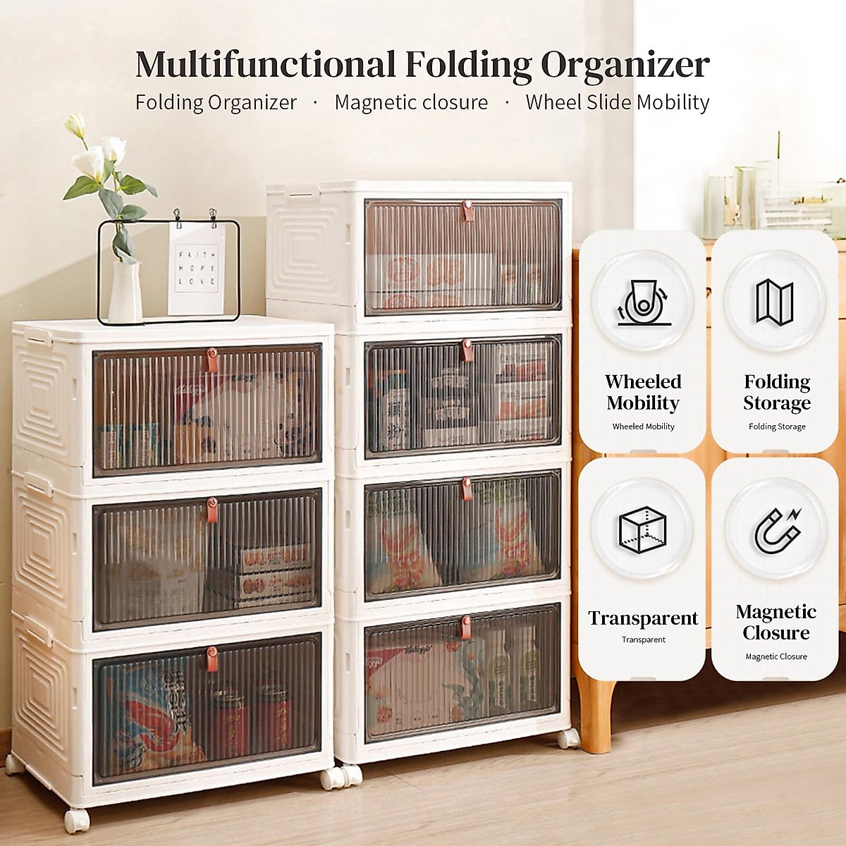YYW Collapsible Storage Bins with Lids- 36QT Folding Storage box with Wheels, Clear Stackable Plastic Containers for Closets Organizer (Four layers 44*31.5*97)