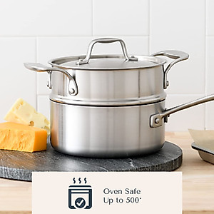 American Kitchen - 3 Quart Stainless Steel Sauce Pan & Insert Set, with cover and steamer insert, Made In America