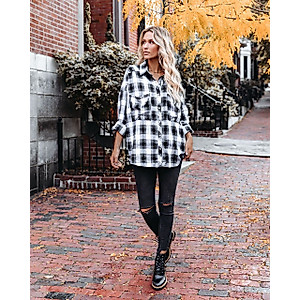 Paintcolors Women's Plaid Button Down Shirts Long Sleeve Blouses Flannel Oversized Tunic Tops with Pockets - Black-White XL
