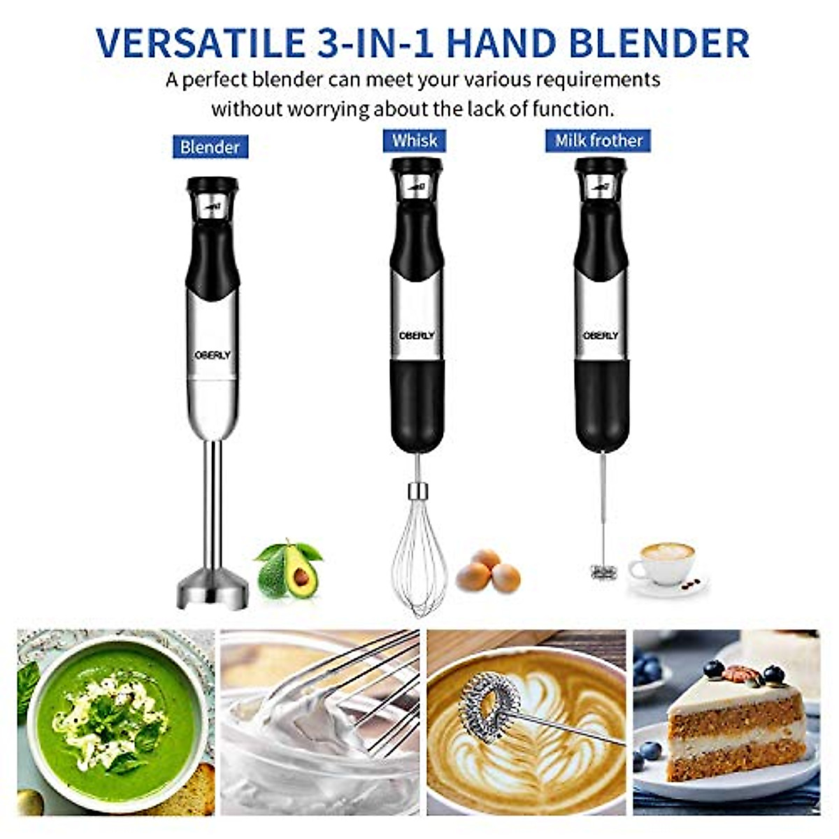 Immersion Hand Blender Electric, OBERLY 500W Smart Stepless 3-in-1 Heavy Duty Handheld Stick Mixer, Stainless Steel Blade with Milk Frother, Egg Whisk for Coffee Foam, Smoothies and Puree