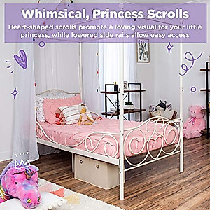 Best Choice Products 4-Post Metal Canopy Twin Bed Frame for Kids Bedroom, Guest Room w/Heart Scroll Design, 14-Slat Support System, Headboard, Footboard - White