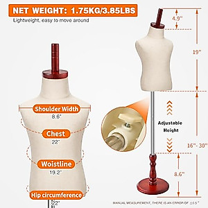 Child Mannequin, Kid Dress Form Mannequin Torso Adjustable Height Unisex Toddler Mannequin Body with Solid Wooden Base, for Clothing Dress Jewelry Display, (Brick red, 2-3 Years Old)