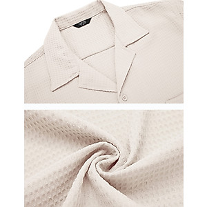 COOFANDY Men's Waffle Shirt Button Down Short Sleeve Shirt Loose Fit Cuban Beach Tops Khaki