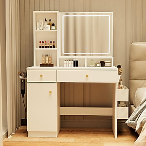 oneinmil Makeup Vanity Desk with Mirror and Lights, Vanity Desk with 1 Cabinet, 2 Drawers & Storage Shelves, Vanity Table with Storage Stool, 3 Color Modes LED Mirror andpower Outlet, for Bedroom.