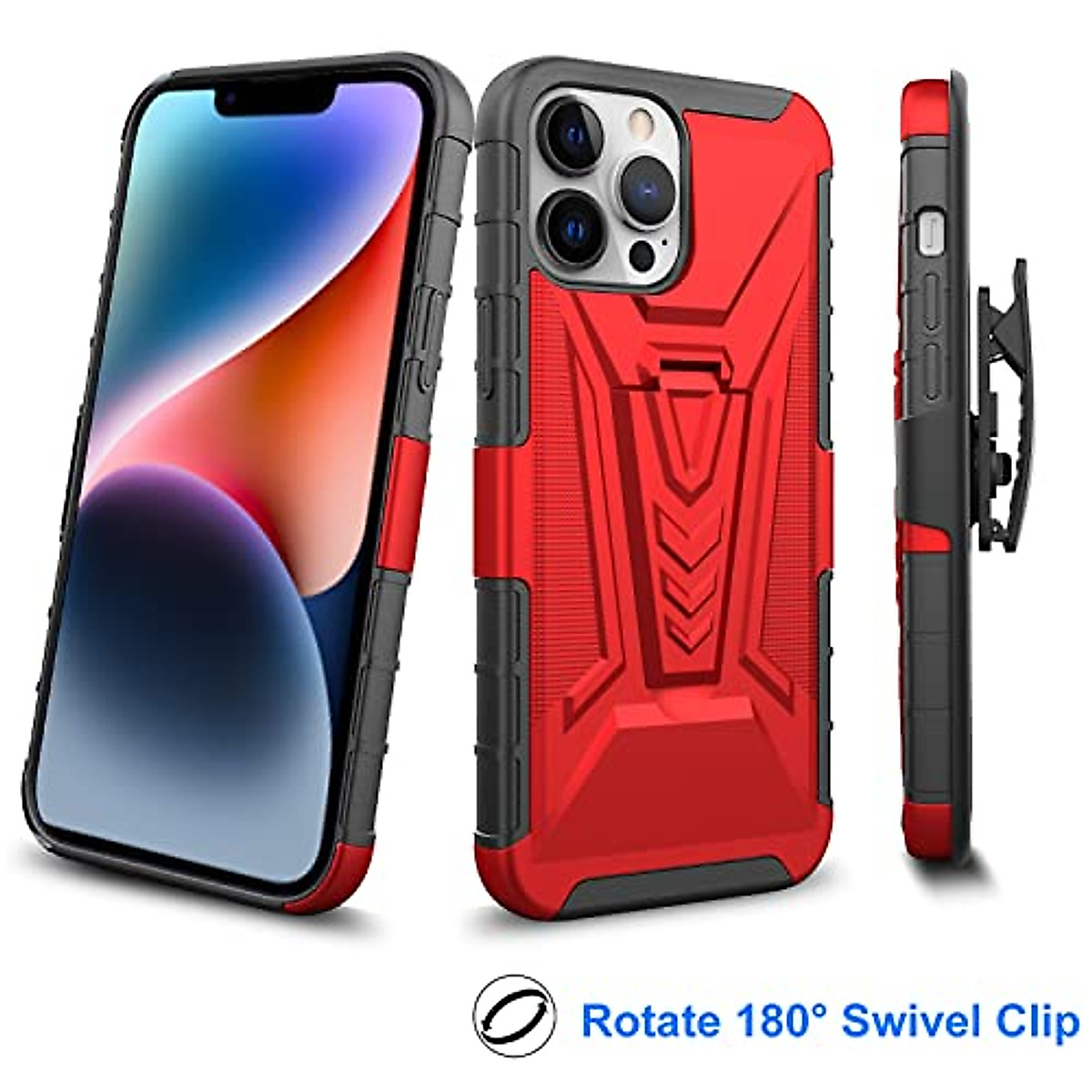Ailiber Compatible with iPhone 14 Pro Phone Case, iPhone 14Pro Case with Screen Protector, Swivel Belt Clip Holster with Kickstand, Heavy Duty Full Body Shockproof Cover for iPhone 14 Pro 6.1"-Red