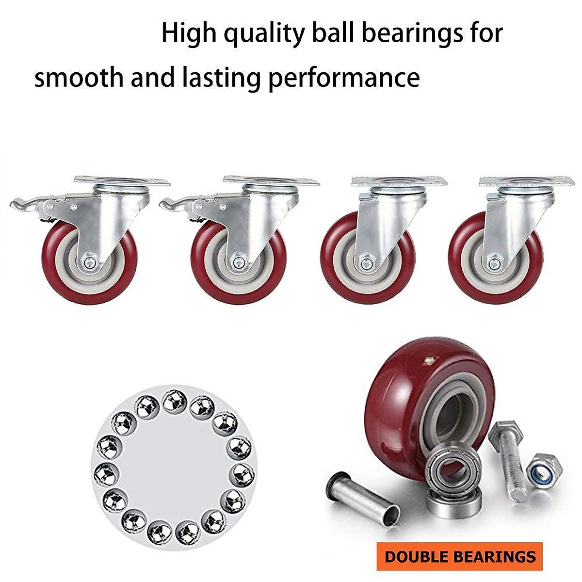 4 Inch Caster Wheels, Set of 4, Heavy Duty Casters Load 2400lbs with Brakes & Top Plate, 360-degree Swivel Casters for Furniture and Workbench Cart (Free Hardware Kit)