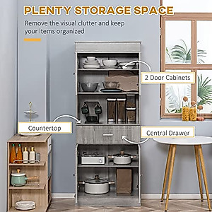 HOMCOM 72" Kitchen Buffet with Hutch, Freestanding Pantry Cupboard with Utility Drawer, 2 Door Cabinets and Countertop, Grey Wood Grain