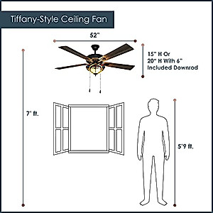 RIVER OF GOODS Tiffany-Style Stained Glass Ceiling Fan - 52" L x 52" W - Distressed Light and Dark Brown Fan Blades