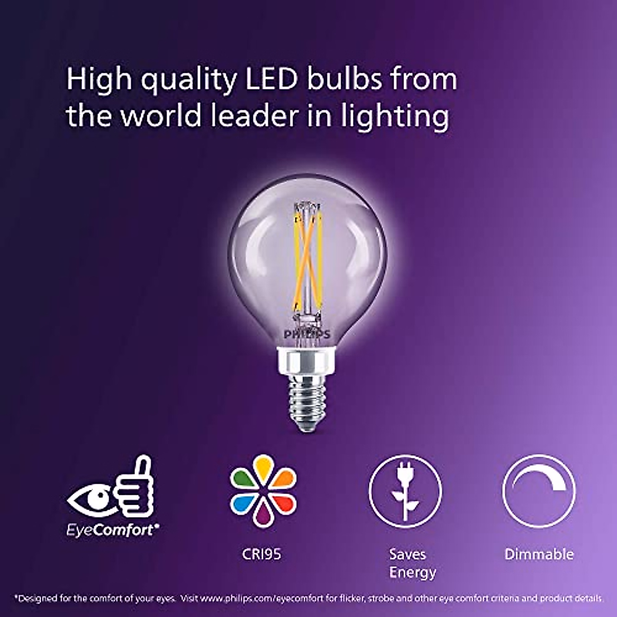 Philips LED Ultra Definition G16.5 Glass Light Bulb, EyeComfort Technology, Dimmable, 350 Lumen, Soft White Light (2700K), 3.5W=40W, E12 Base, 2-Pack (573303)