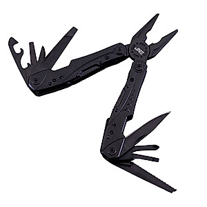 JNEPro Multi Tool | Folding Pocket Knife | 12 in 1 Multi Function Tool w/Nylon Pouch | Stainless Steel | Pliers, Screwdriver & 10 Screw Bits, Bottle/Can Opener, Metal File, Wood Saw | Black