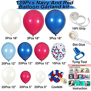 Navy Blue Red White Balloon Garland Kit,139 Pack Navy Red White Confetti Balloon for Boy Blue Birthday Baseball Nautical Theme Party American Flag Party Election Party July 4th Decorations