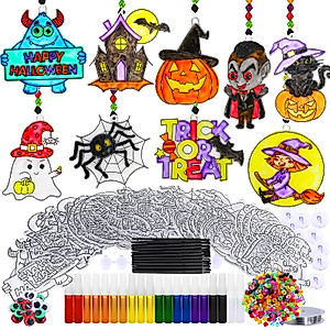 27 Sets Halloween Suncatcher Ornaments Decoration DIY Window Paint Art Craft Kit Jack-O'-Lantern Ghost Vampire Witch Spider Sun Catchers for Halloween Classroom Party Art Activity Trick or Treat Gift