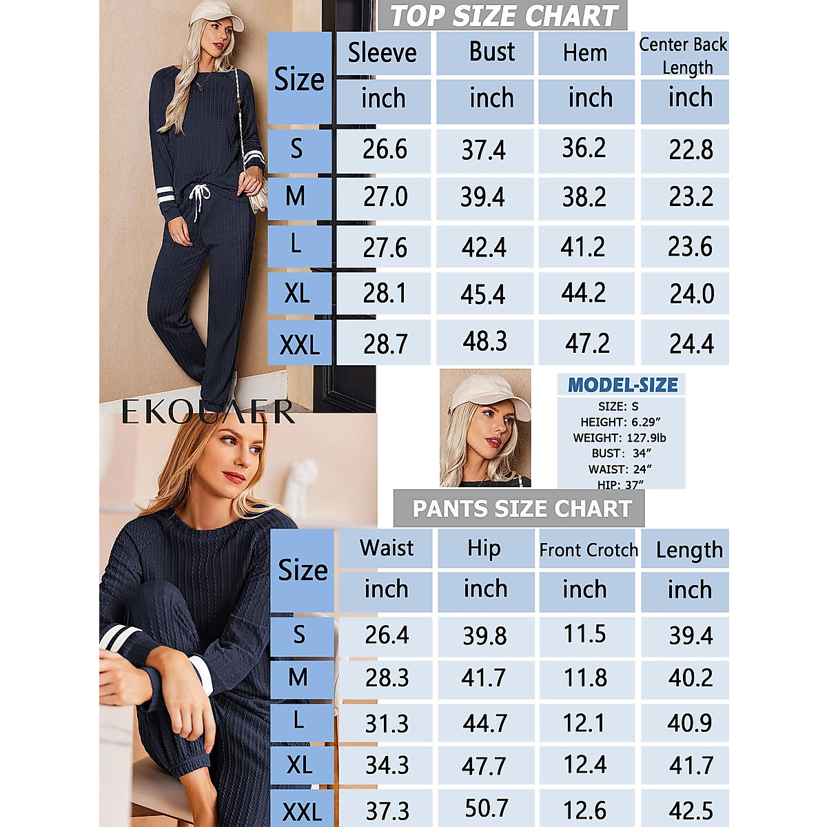 Ekouaer Lounge Sets for Women Ribbed Knit Outfits Pajamas Sets 2 Piece Long Sleeve Sweatsuits with Pockets Blue XL