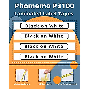 Phomemo P3100 Laminated Label Tape- Phomemo Compatible Label Tape Replacement for Brother Ptouch Label Maker Tape for PT-D210 PT-H100 D600, 4pcs Black on White Label Tape 12mm (1/2 Inch) x 8m