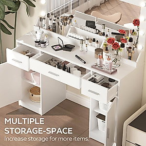 MIRROTOWEL 47.5” Vanity Desk with Large Mirror, 3 Colour Lighting Modes, Adjustable Brightness, Dresser with 3 Drawers & 2 Vertical Cabinets, Makeup Vanity Table for Women Girls White