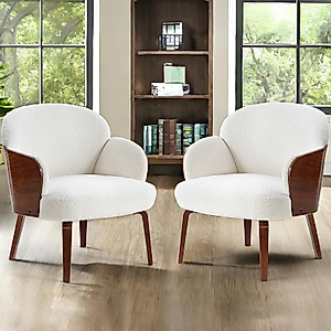 Jocisland Mid Century Modern Accent Chairs Set of 2 - Plush Teddy Velvet Upholstered Armchair with Solid Bentwood Frame, Comfy Vanity Chair for Living Room Bedroom Reading Makeup Room(White)