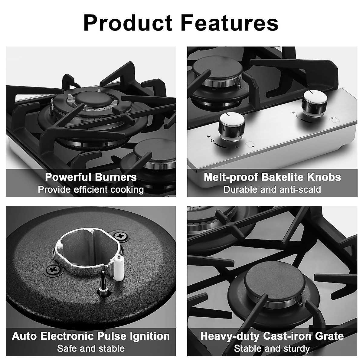 Eascookchef 2 Burner Propane Gas Cooktop, 12 inch LPG/NG Dual Fuel Built-in Gas Stove Top, Black Tempered Glass Gas Stove, Gas Hob for Apartment, Outdoor, RV, With Thermocouple Protection