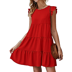 KIRUNDO Valentines Dress for Women Summer Sleeveless Ruffle Sleeve Round Neck Loose Short Flowy Pleated Mini Babydoll Sundresses, Red, Medium