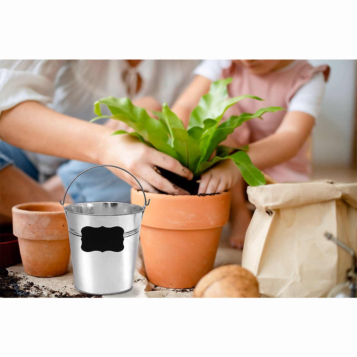 6 Metal Buckets With Chalkboard Stickers And Plastic Kitchen Scoops, Small Galvanized Buckets ,For Birthday, Wedding Party, Garden Planters , Party Supplies,Decorations ,5 Inch Tin Buckets - (tie 6)