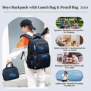 Boys Backpacks Primary Junior High School Bag Kids Bookbag 3 in 1 Casual Daypack Set Fashion Space Galaxy Printed Durable Knapsack with Lunch Bag