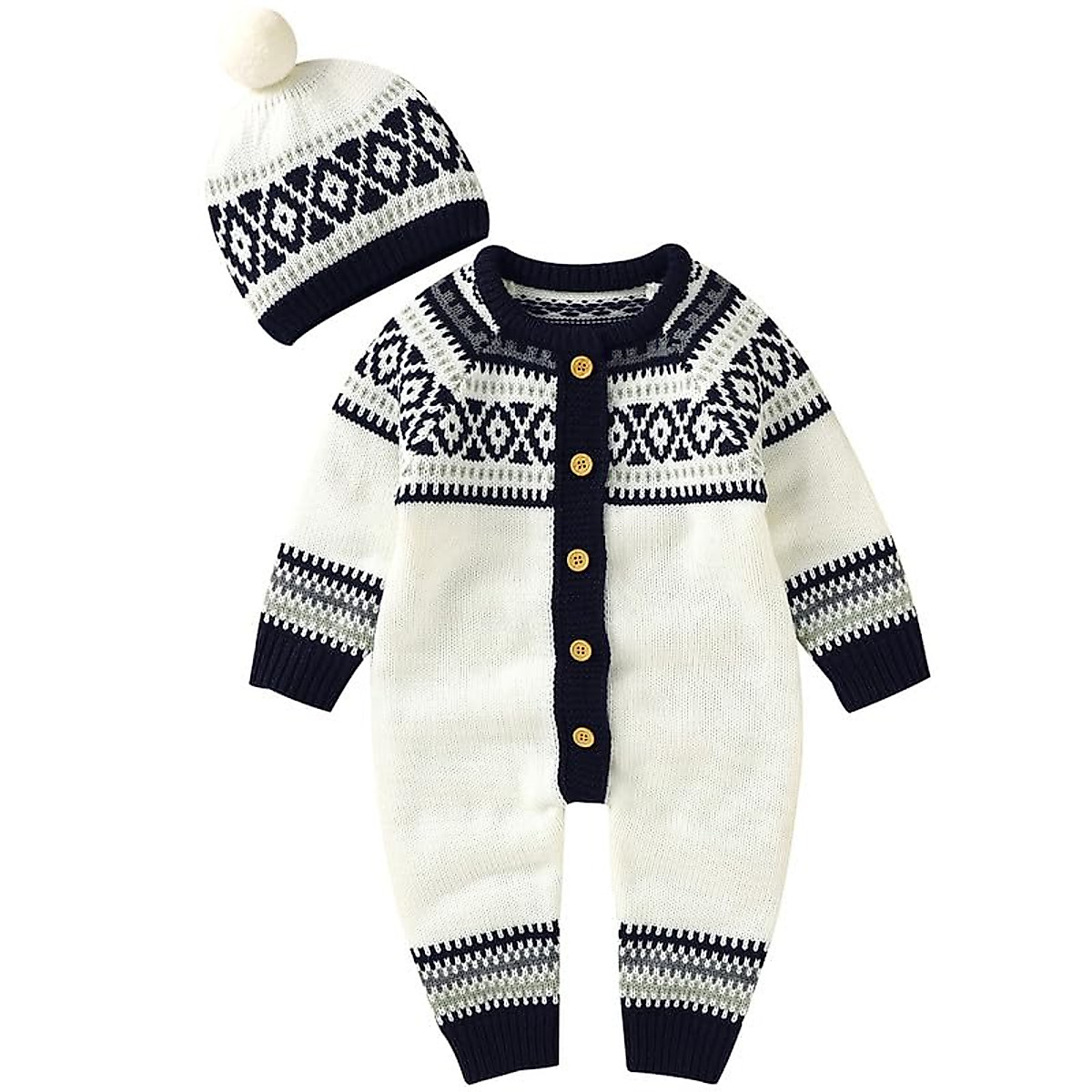 Wugugu Baby Girls Boys Rompers Caps Outfit Newborn Infant Knitted Jumpsuits Hats Suit Unisex Retro Long Sleeve Soft Warm Winter Spring Bodysuit Clothes White 6-12 Months