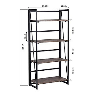 Coavas Folding Bookshelf Home Office Industrial Bookcase No Assembly Storage Shelves Vintage 4 Tiers Flower Stand Rustic Metal Book Rack Organizer, 23.6 X 11.8 X 49.4 Inches