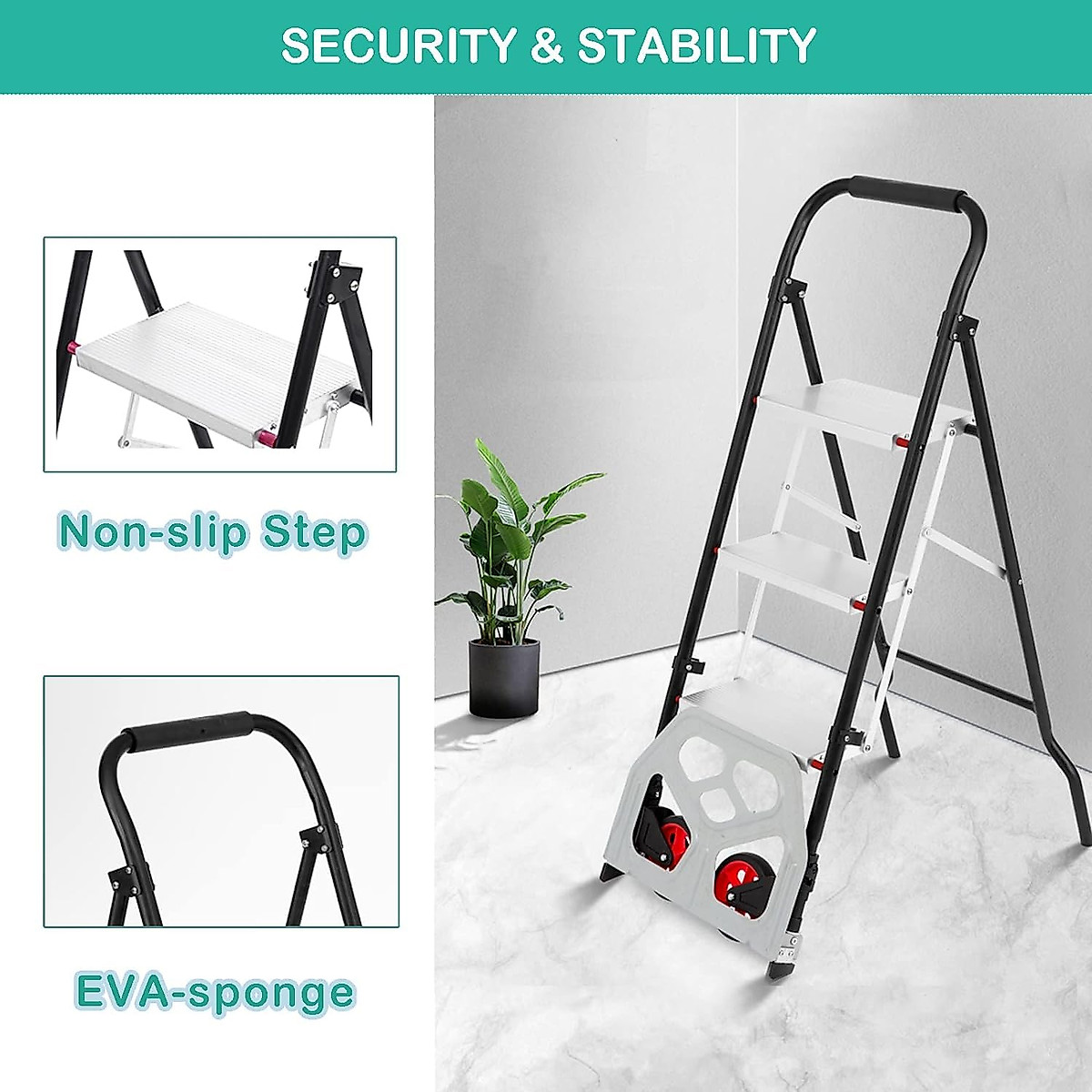 LEADALLWAY 3 Step Ladder Dolly Cart 2-in-1 Portable No-Slip Folding Step Stool
