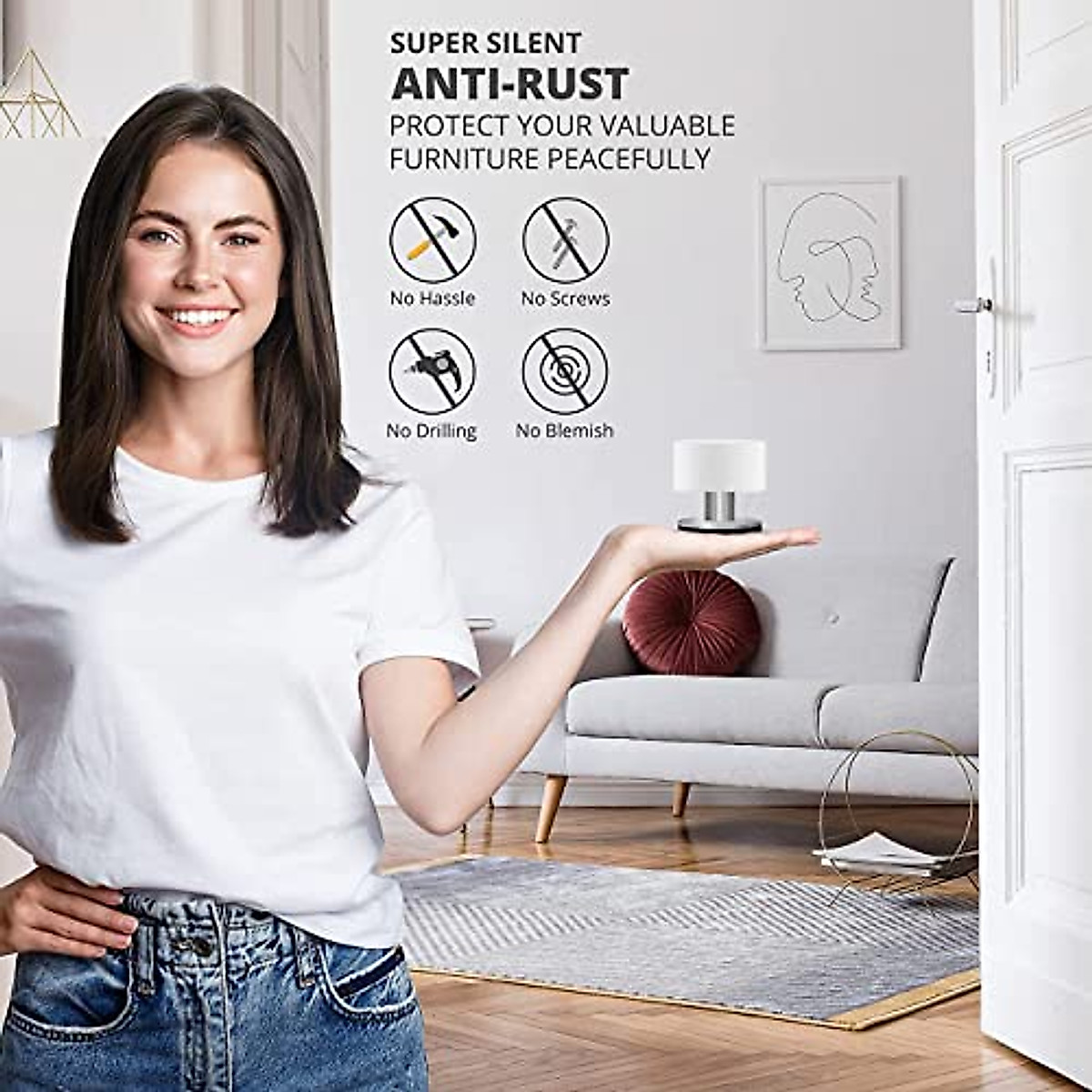 Door Stoppers with Extra Stickers, Self-Adhesive Door Stop with White Rubber & Stainless Steel Body - Heavy Duty Sound Dampening Door Bumpers for Home & Office, Door stoppers for Bottom of Door