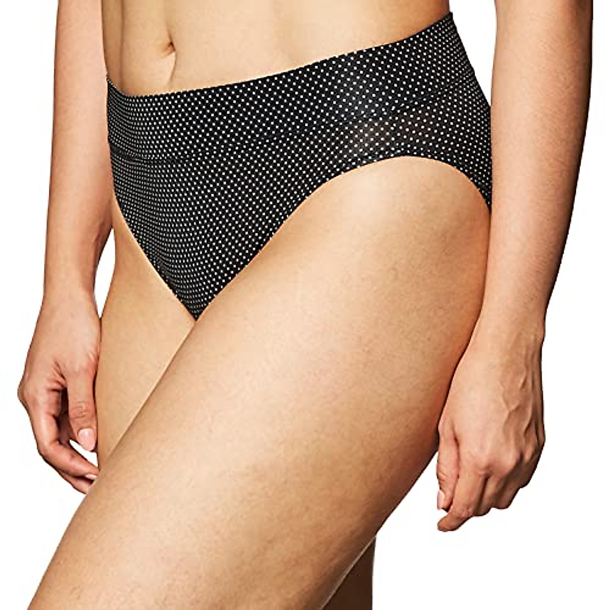 Warner's Women's No Pinching No Problems Dig-Free Comfort Waist Microfiber Hi-Cut 5138J, Black/White Pin Dot Print, Large