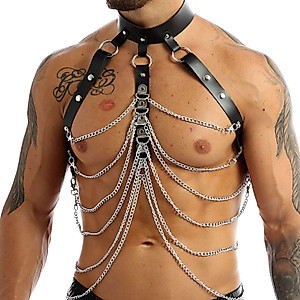 YiZYiF Men's Adjustable Leather Body Chest Harness Belt Clubwear with Fancy Buckles Chains Black One Size