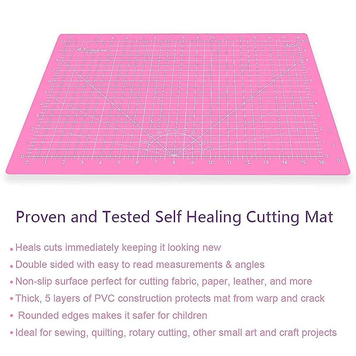 Headley Tools 12 x 18 Inch Self Healing Cutting Mat, Durable Rotary Cutting Mat Double Sided 5-Ply Gridded A3 Cutting Board for Craft, Fabric, Quilting, Sewing, Scrapbooking Project, Pink/Dark purple