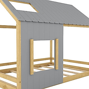 Full House Bed, Montessori Bed Full Size Floor Bed with Rails and Roof, Window, Solid Wood Platform Bed Frame with Slats, for Kids Teens Girls Boys (Full Size, Gray+Natural)