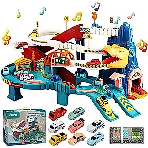 Toy Car Ramp Track Dinosaur Climbing Hills Railcar Colorful Vehicles Construction Play Set with 12 Mini Racer Cars and Track for Preschool Gifts Kids Ages 3 Years and Older (Dinosaur Hill)