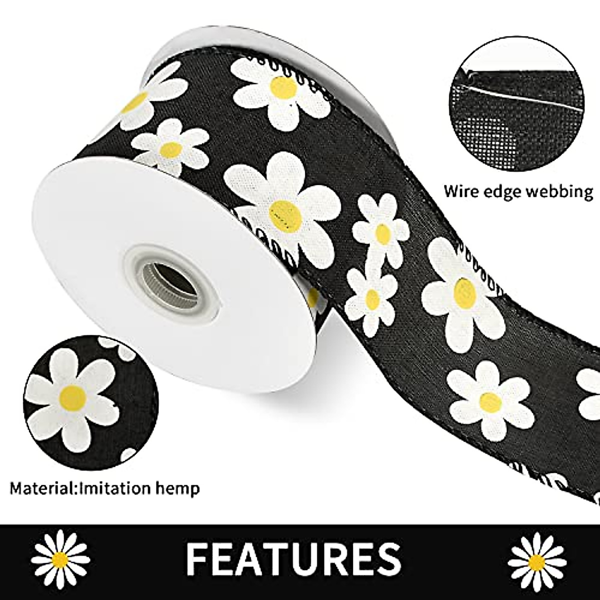 TONIFUL 2.5 Inch Wide Floral Pattern Wired Edge Ribbon Daisy Flowers Black Canvas Cloth Fabric Ribbons Roll 10 Yards for Crafts Bows Wreath Home Decor Hair Accessories Gift Wrapping