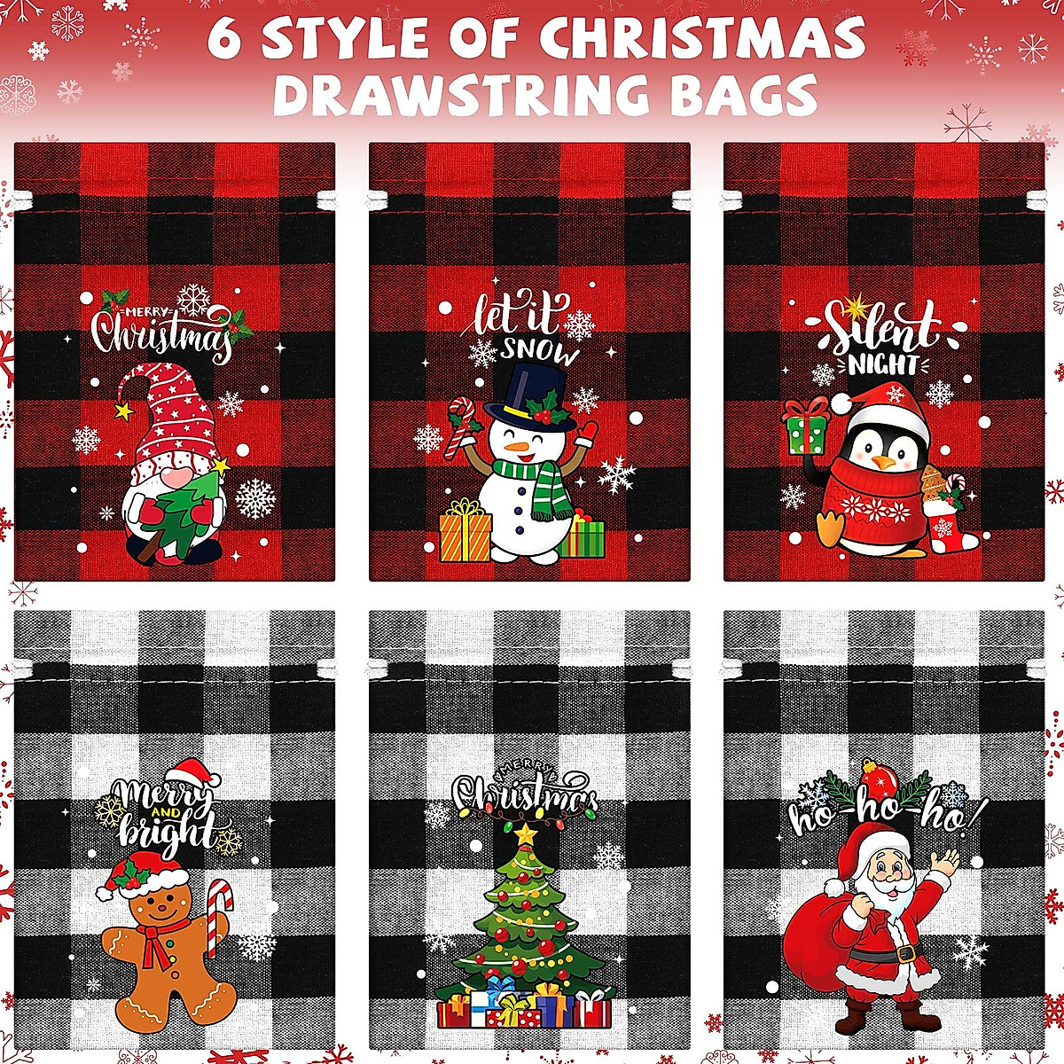 24 Pieces Gift Bags Christmas Buffalo Plaid Drawstring Bag Christmas Burlap Drawstring Bag Washable Cotton Xmas Bag for Candy Wrapper Christmas Party Favor (Bright Color, Snowman)