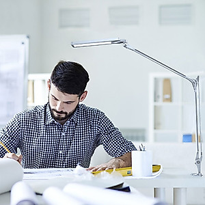 BYB Metal LED Desk Lamp, Architect Swing Arm Lamp with Clamp, Eye-Care Drafting Task Lamp with 4 Color 6 Brightnss, Touch Control, Memory Function for Home Office, Monitor Studio Reading (Silver)