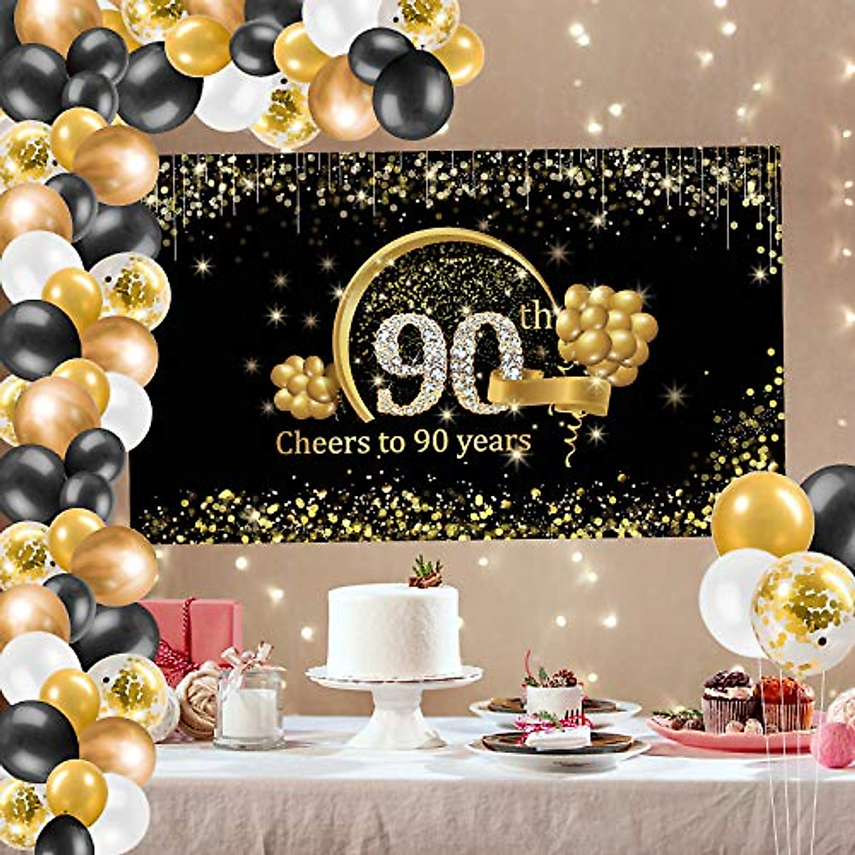 Kauayurk 90th Birthday Banner Backdrop Decorations & Balloon Garland Arch Kit for Men Women, Gold Extra Large Cheers to 90 Years Birthday Party Supplies, Ninety Birthday Poster Photo Booth