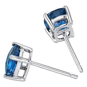 Peora 14K White Gold London Blue Topaz Earrings for Women, Natural Gemstone Classic Solitaire Studs, 7x5mm Oval Shape, 2 Carats total, Friction Back