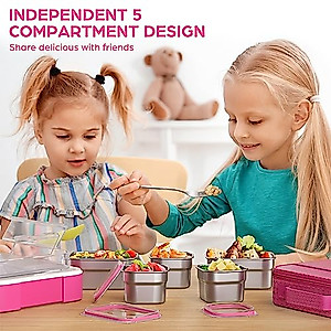 TIME4DEALS Stainless Steel Bento Lunch Box Kids Adult - Leak Proof School Lunch Container with 5-Compartment and Fork Lunch Bag Set for Toddler Child Bento Box for Work Picnic Outdoor, BPA-Free (Pink)